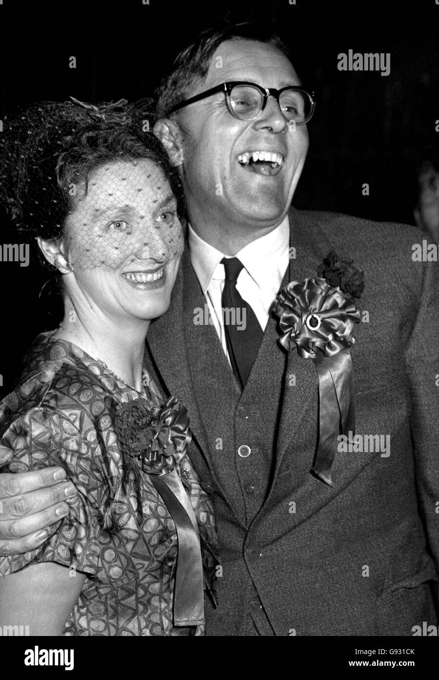 Lord merlyn rees with wife smiling rosette half length celebrating ...