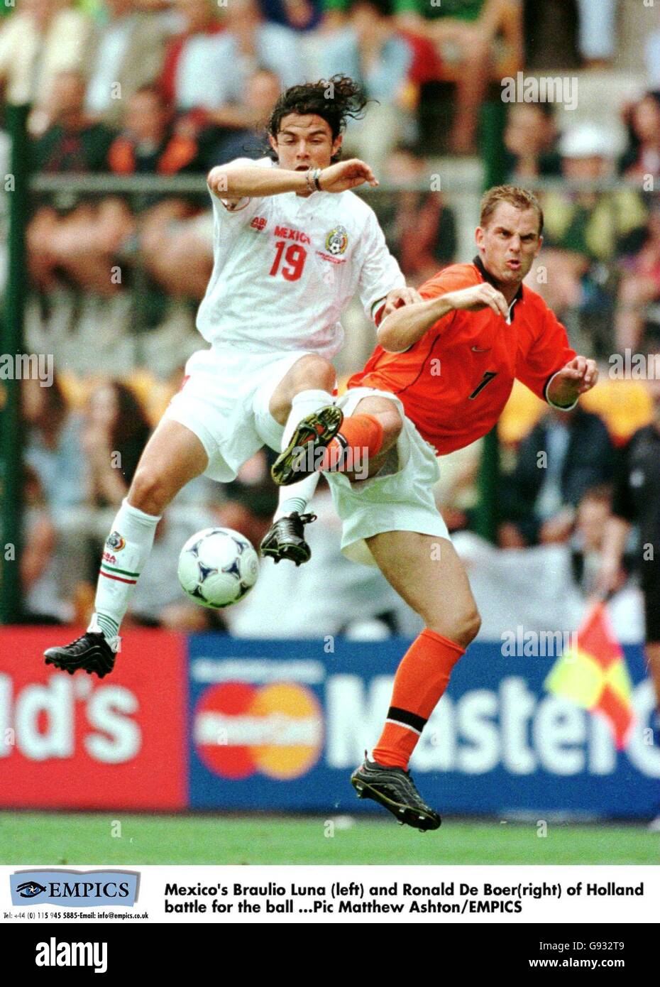 Soccer - World Cup France 98 - Group E - Holland v Mexico. Mexico's Braulio Luna (left) and ...
