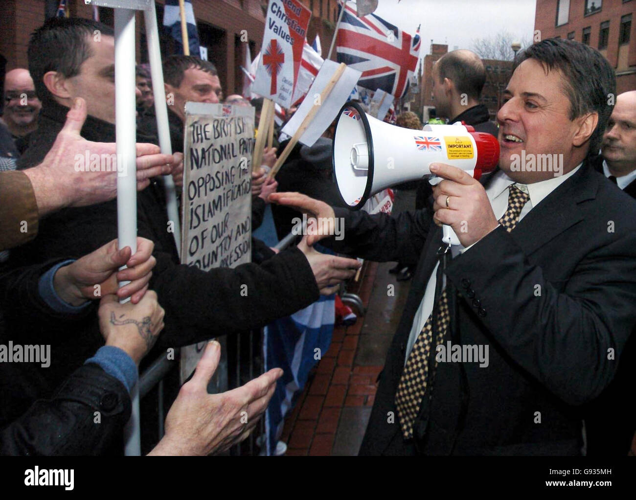 BNP Party Leader Nick Griffin with his supporters at Leeds Crown Court ...