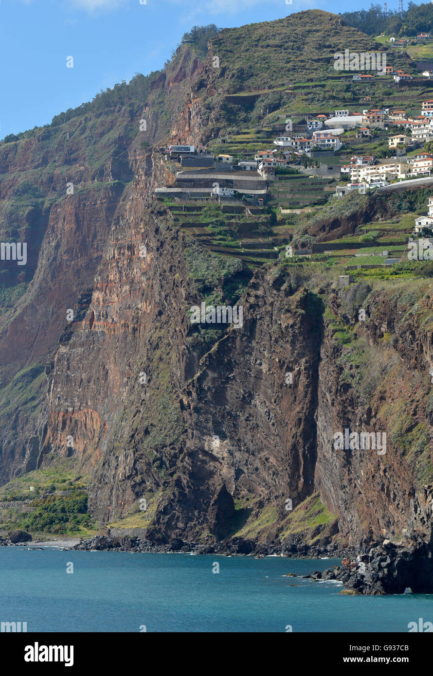 View to Cabo Girao and Camara de Lobos from cliff top walkway. Madeira ...