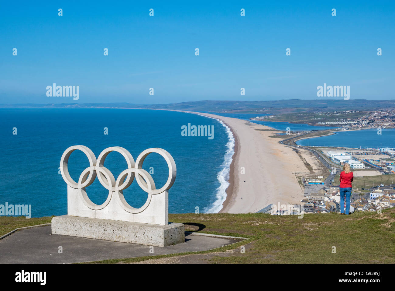 England Dorset Weymouth Portland Olympic rings and Chesil beach Stock ...