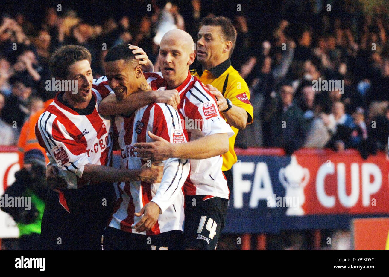 Brentford's DJ Campbell (second from left) celebrates his second goal ...