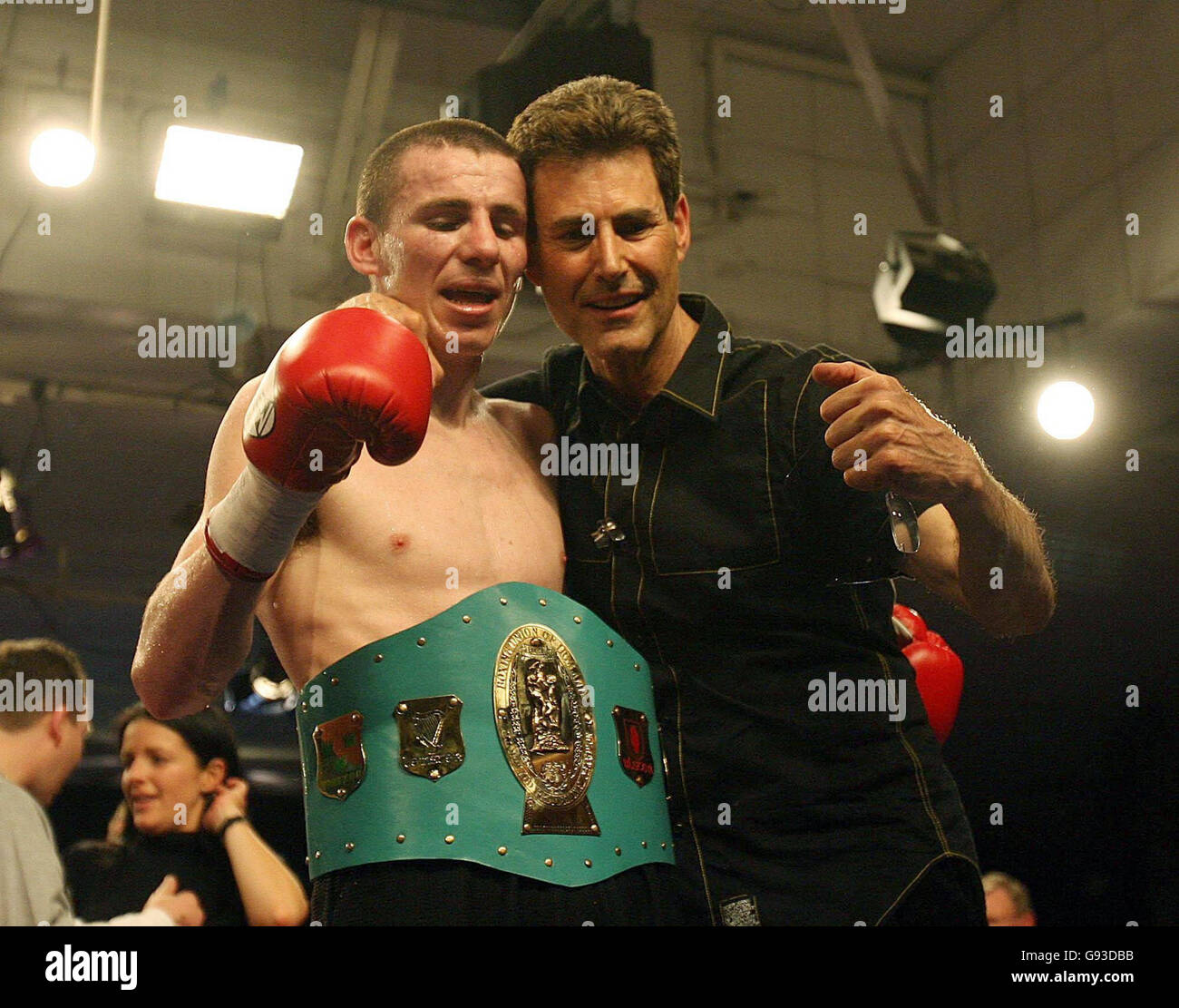 Bermondsey's Peter McDonagh with Uri Geller after he won the Vacant Irish Lightweight Title bout ...