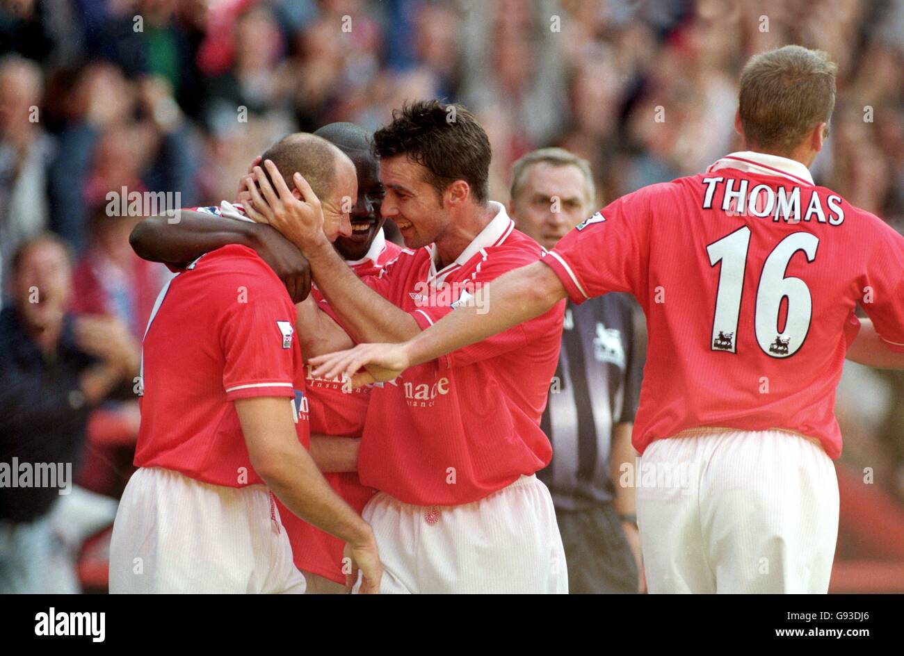 Nottingham Forest's Steve Stone (left) celebrates with teammates Jean ...