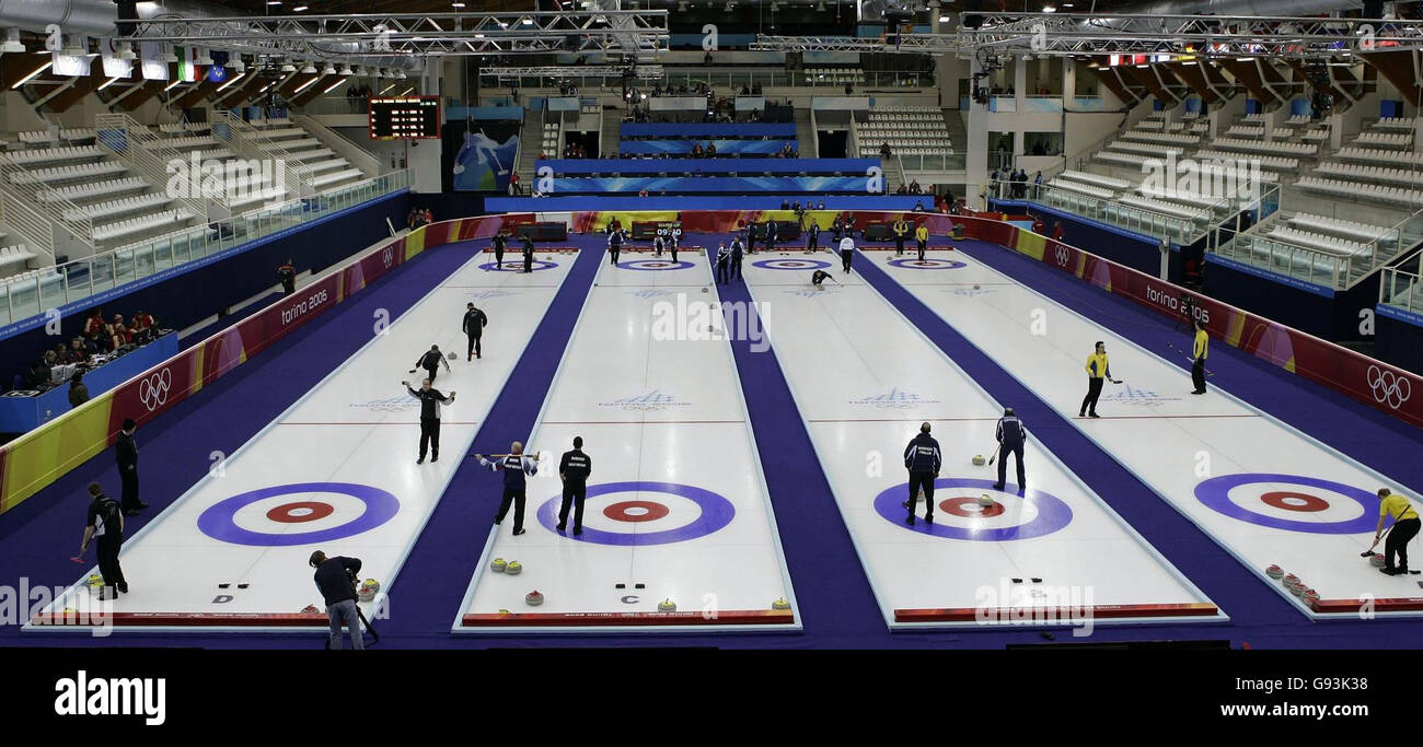 Great Britain's Men's Curling team (second lane from left) in action ...