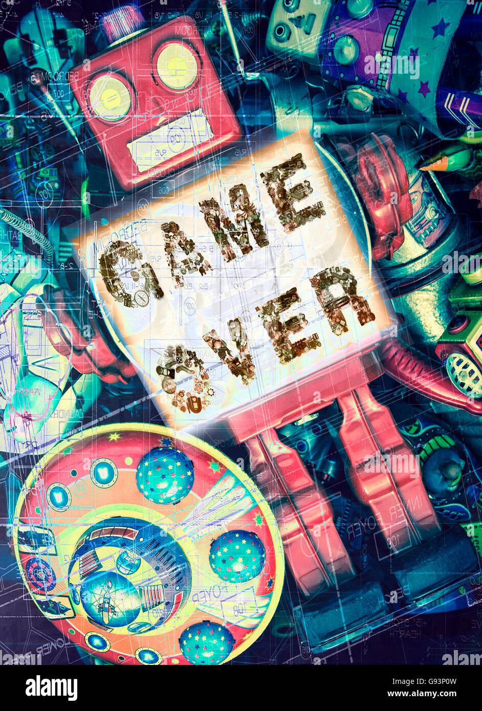 robot hold GAME OVER sine Stock Photo - Alamy