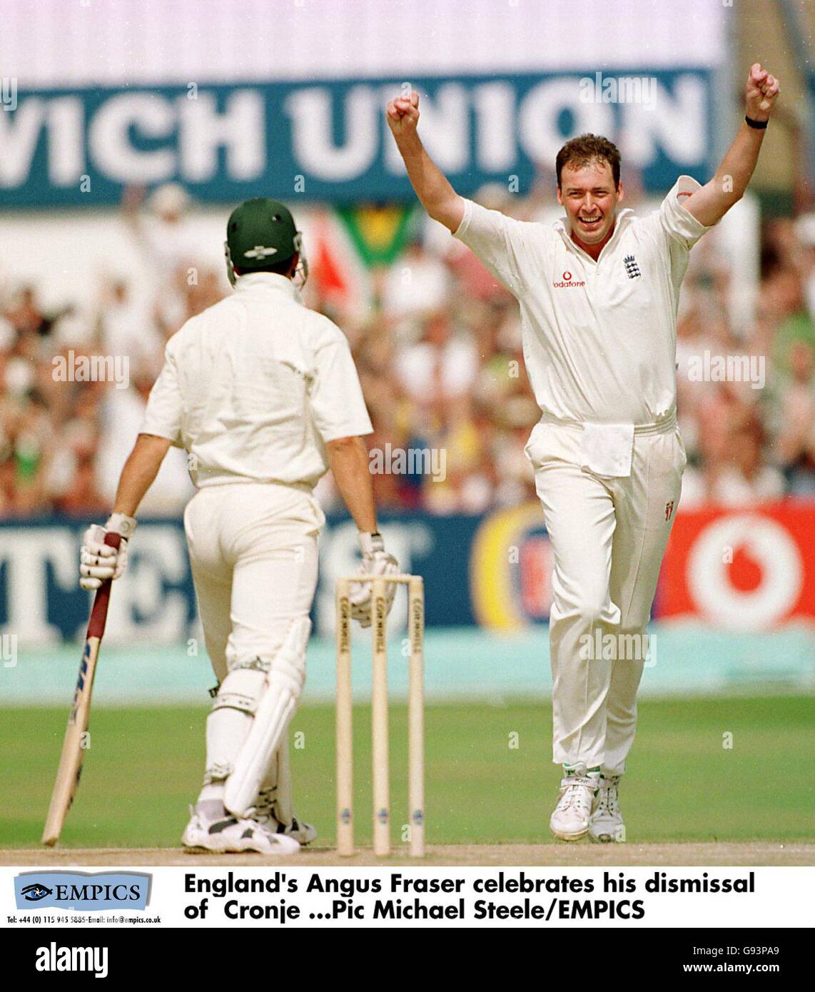 England's Angus Fraser celebrates his dismissal of South Africa's ...