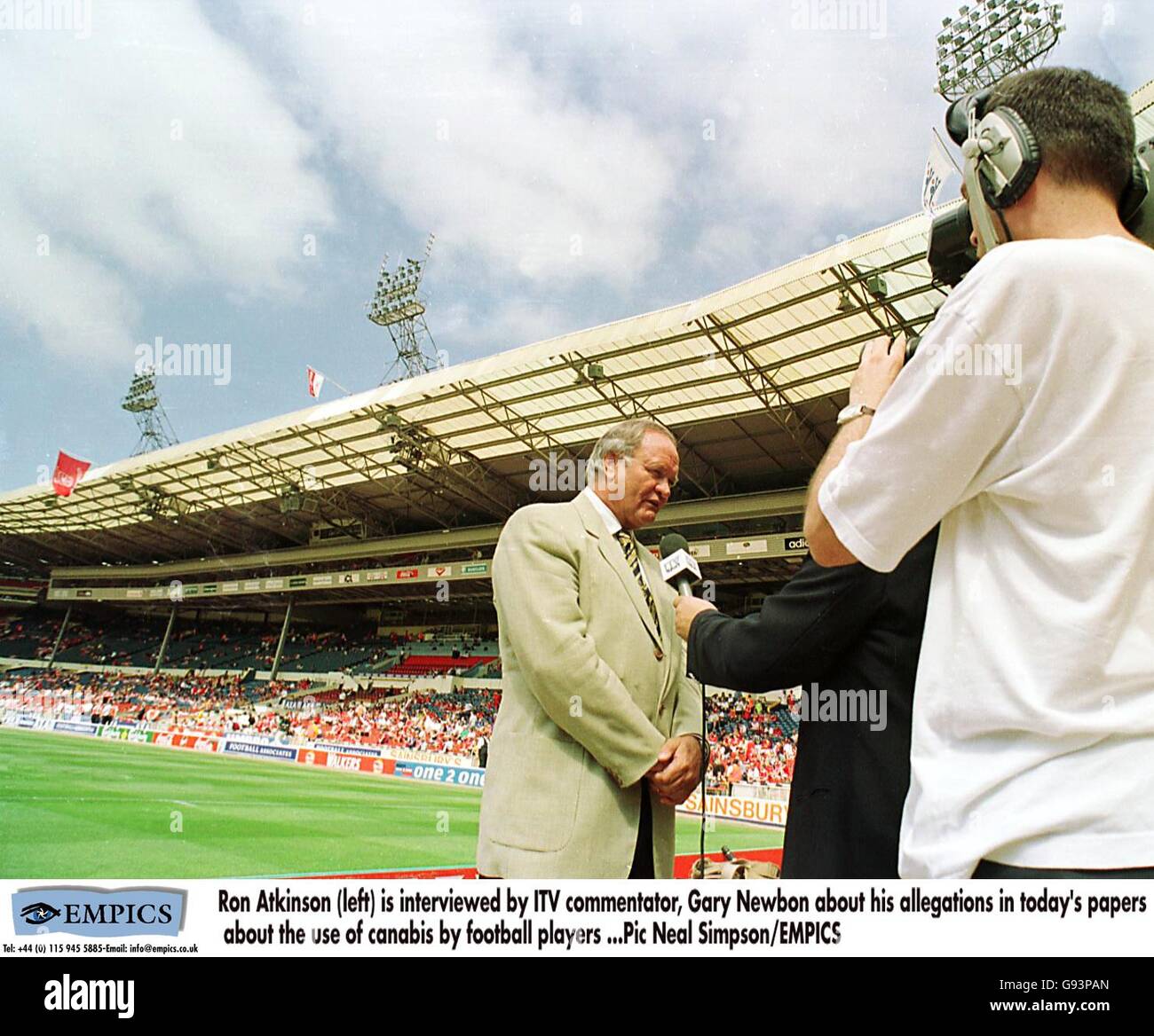 Ron Atkinson (left) is interviewed by ITV commentator Gary Newbon about ...