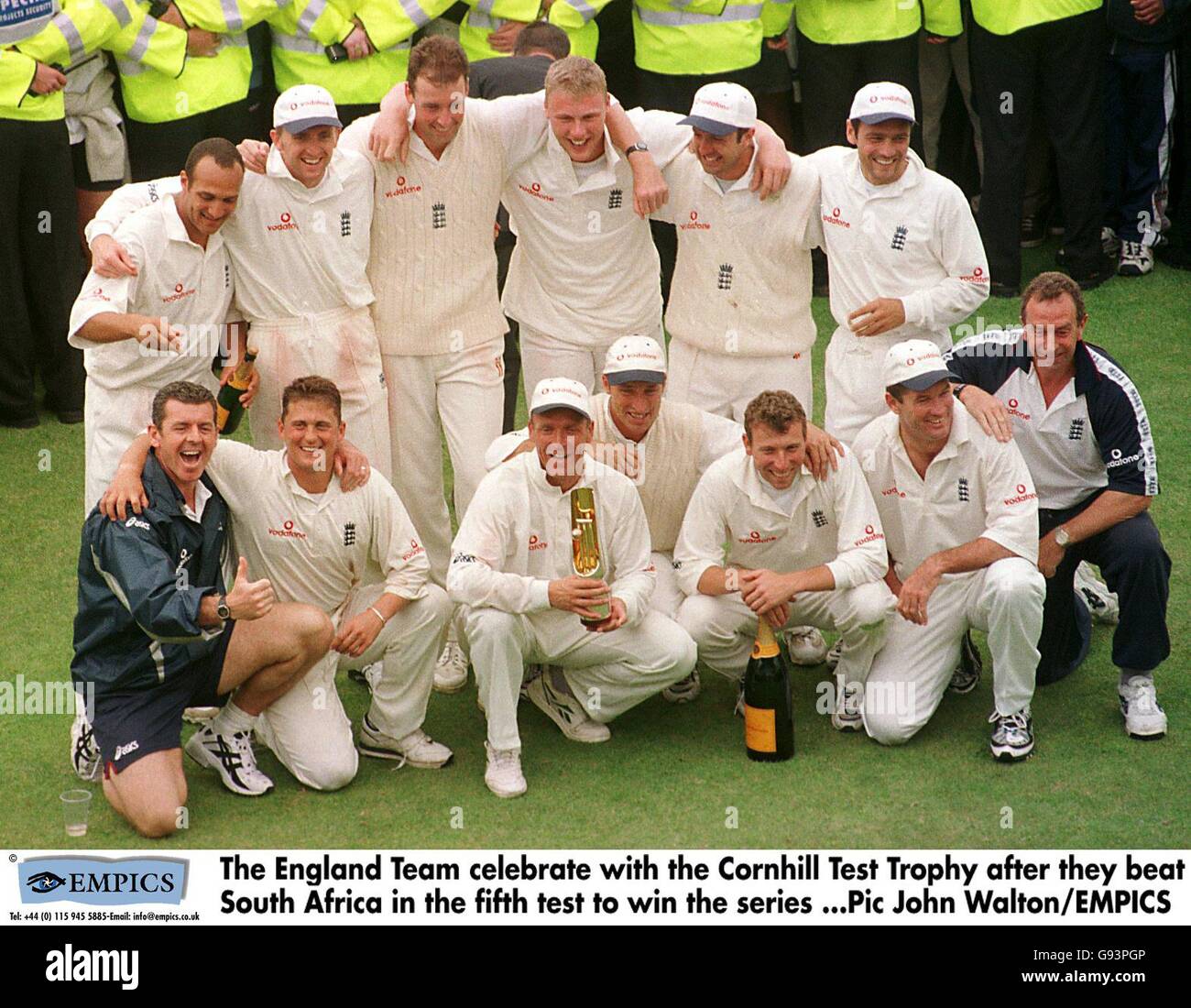 The England team celebrate with the Cornhill Test Trophy after they ...