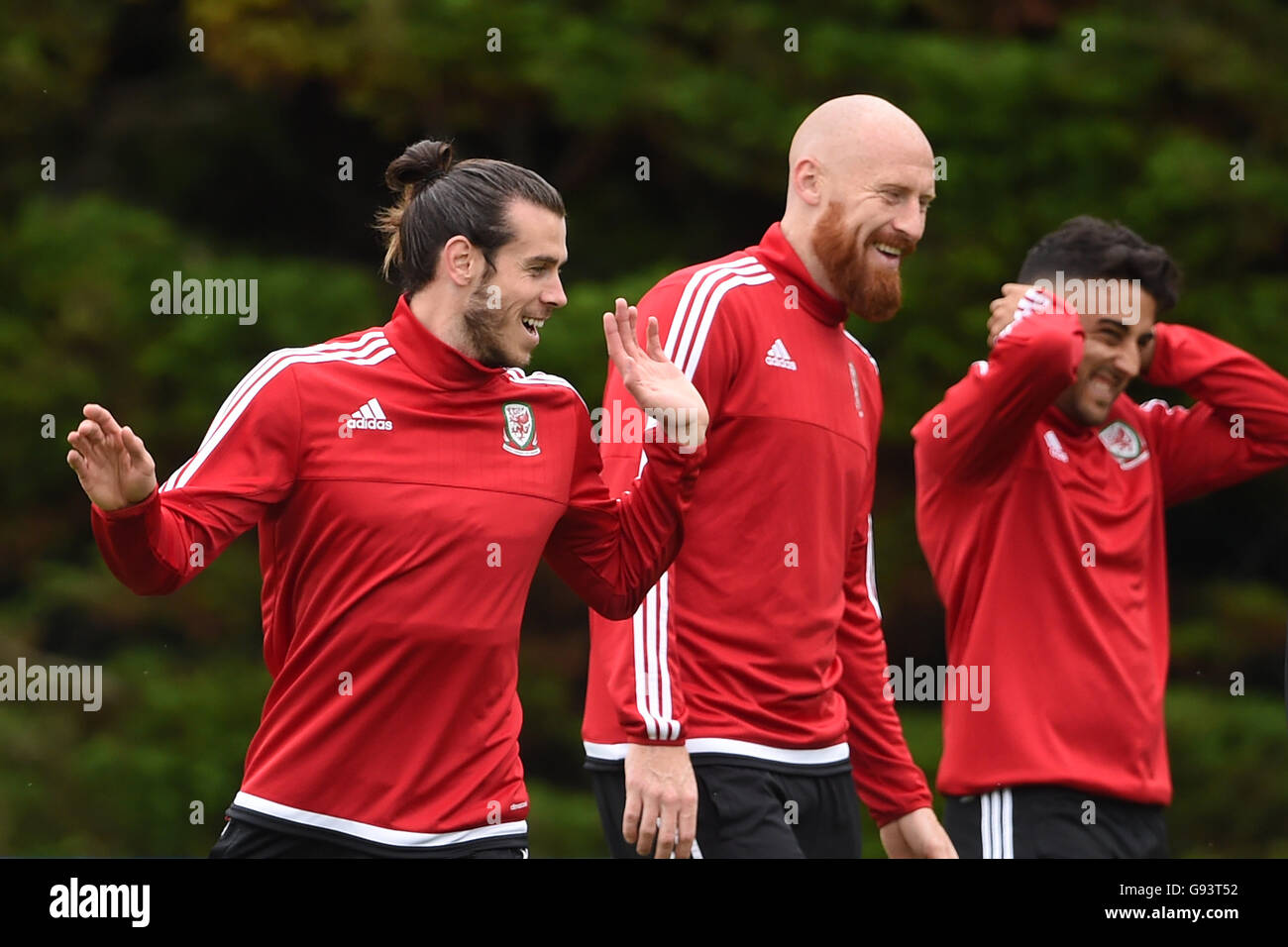 (left to right) Wales' Gareth Bale, James Collins and Neil Taylor ...