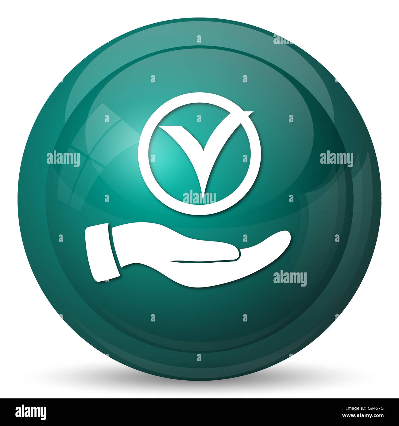 Tick with hand icon. Internet button on white background Stock Photo ...
