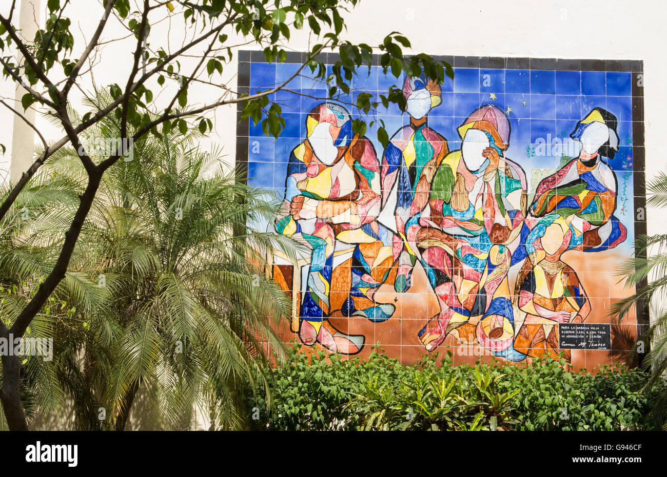Old Havana Cuba small peaceful plaza in city center painted mural ...