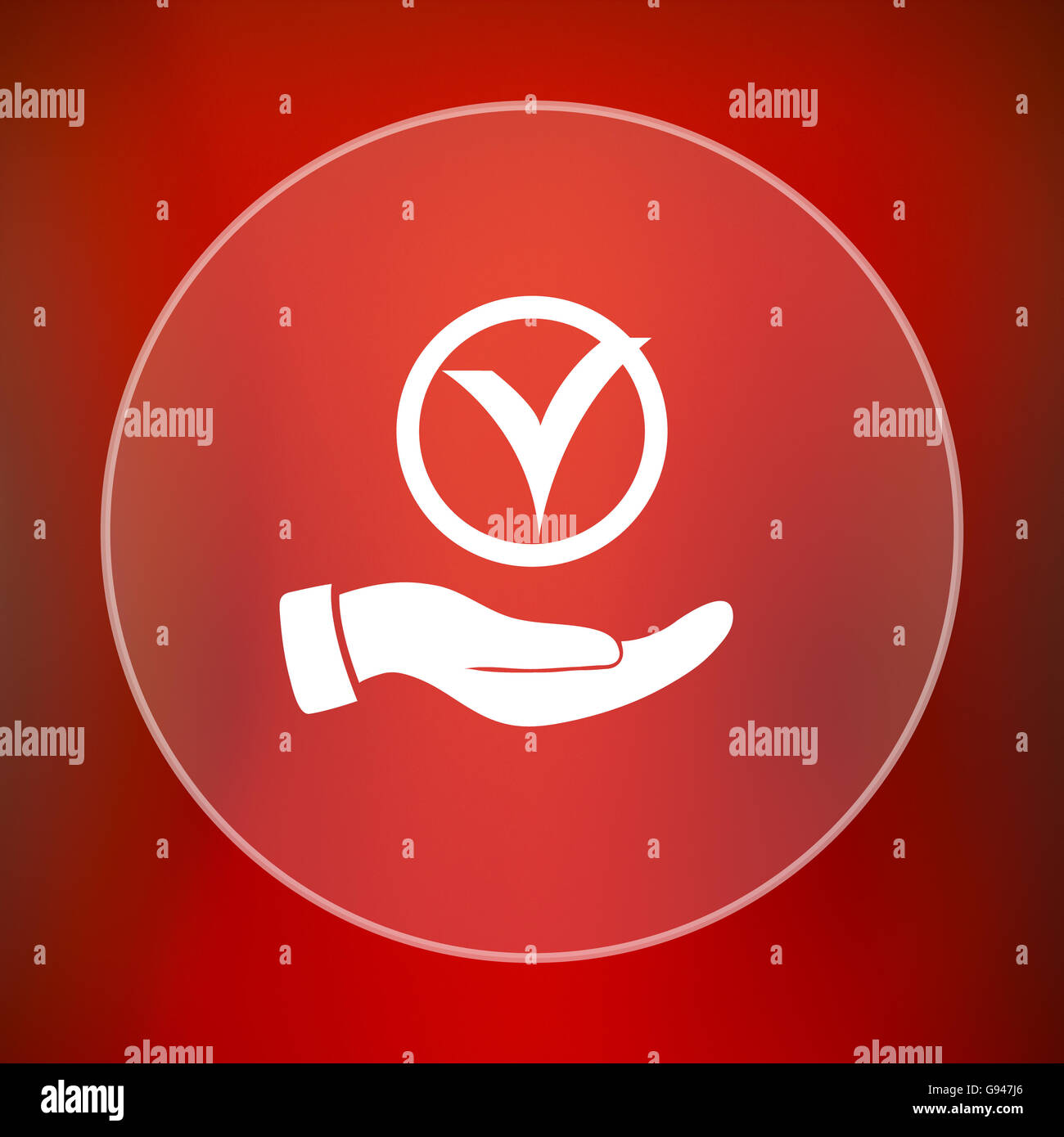 Tick with hand icon. Internet button on red background Stock Photo - Alamy