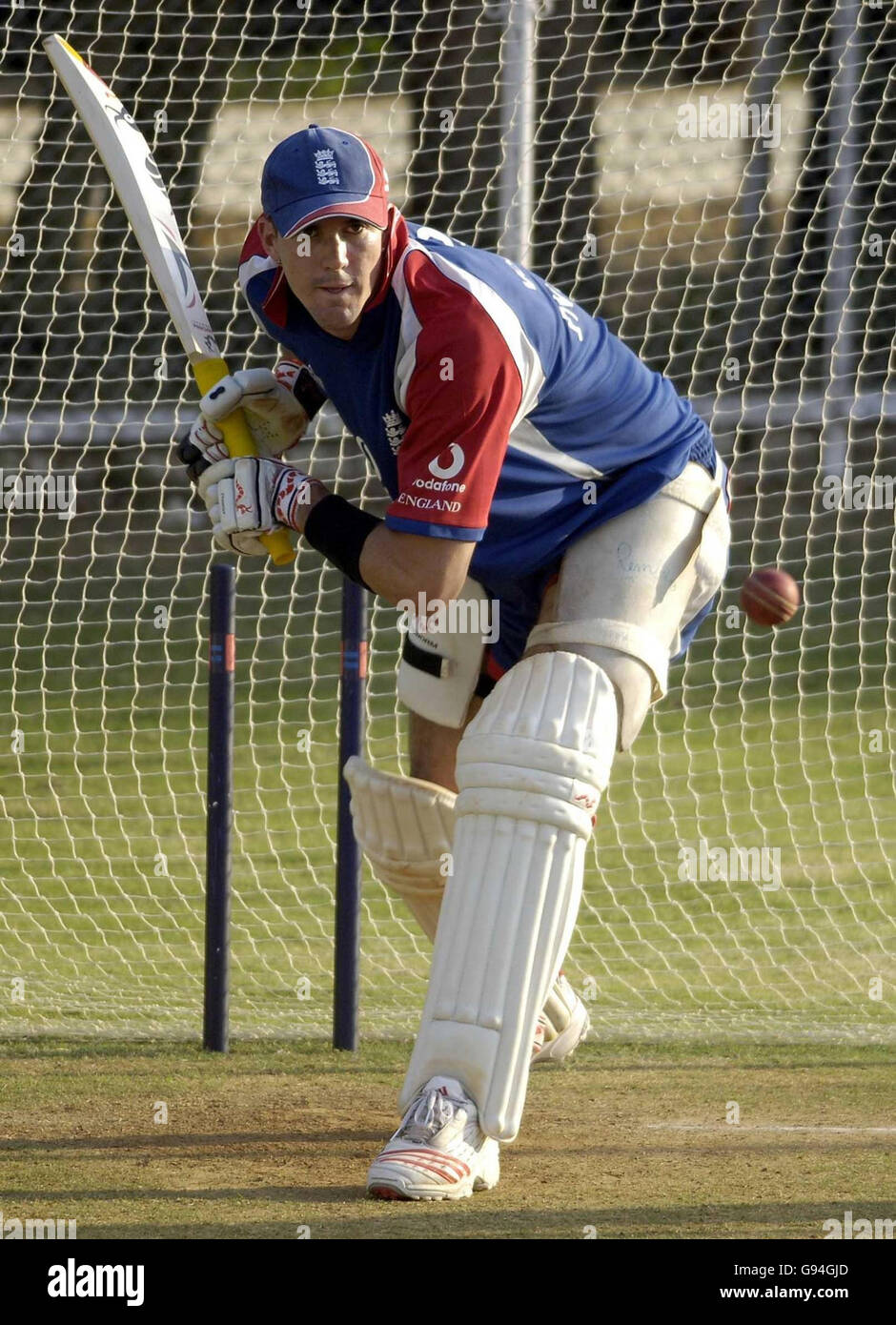 England cricketer Kevin Pietersen keeps his eye on the ball during net ...