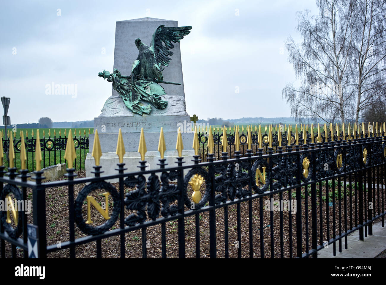 Wounded Eagle monument on the battlefield of Waterloo in Belgium Stock ...