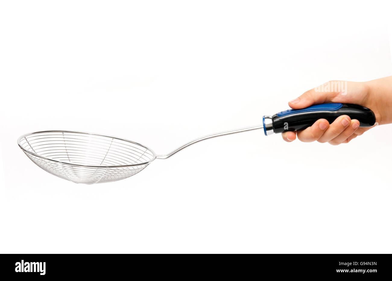 Hand with Kitchen Strainer Isolated on White Stock Photo - Alamy