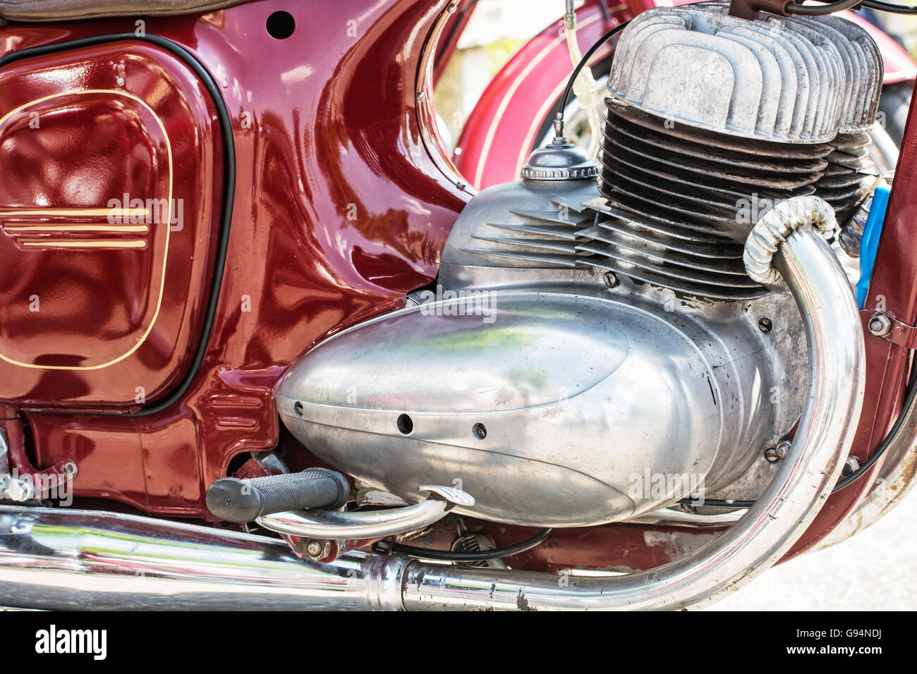 Detail of red veteran motorbike. Meeting bikers. Motor of motorcycle ...