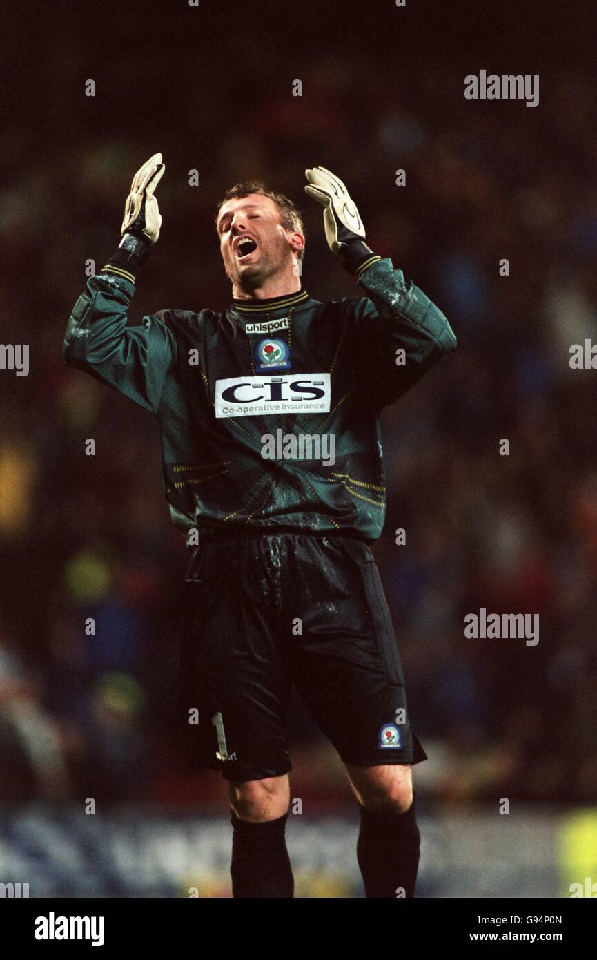 Blackburn Rovers goalkeeper Tim Flowers shows his reaction to their ...
