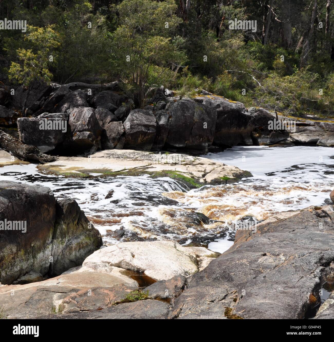 Brown "cappuccino" foam at the circular pools with rocky riverbed of ...