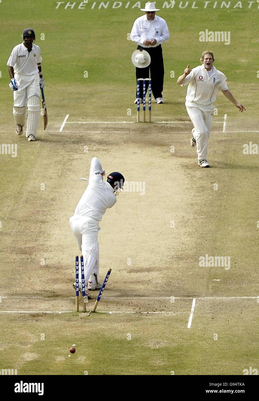 England's Matthew Hoggard bowls Indian batsman Virender Sehwag for a duck during the fifth day ...
