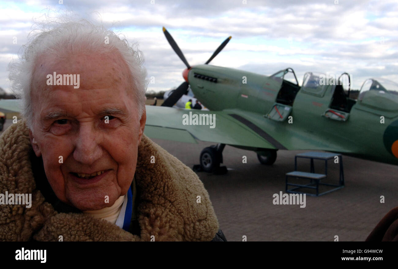 Alex Henshaw, 93, stands in front of a Spitfire prior to take off at ...