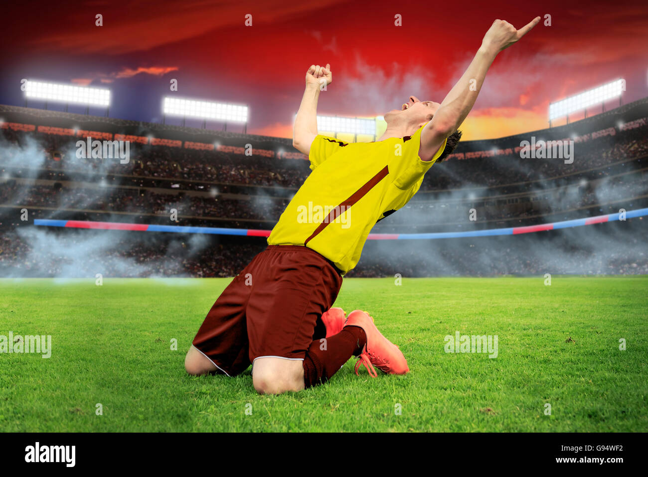 scenes from a soccer or football game with a male cheering player Stock ...