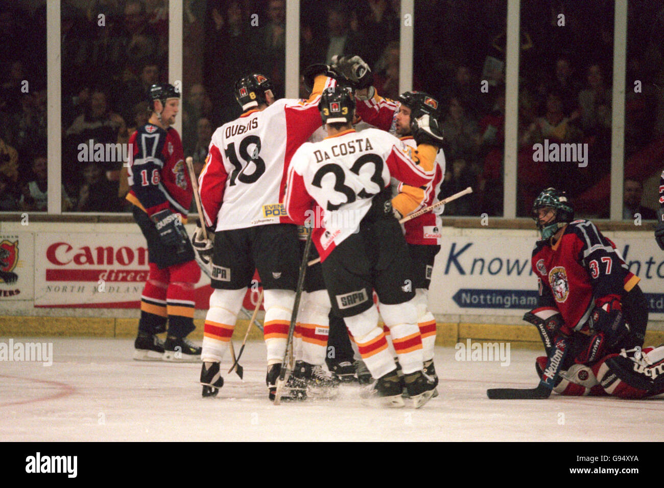 Nottingham Panthers' celebrate another goal as the London Knights' look ...