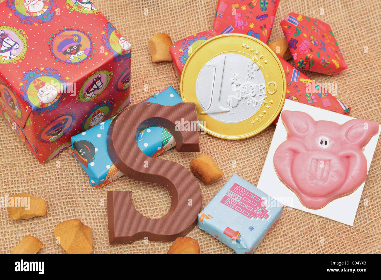 Traditional sweets and presents for the celebration of Sinterklaas, a ...