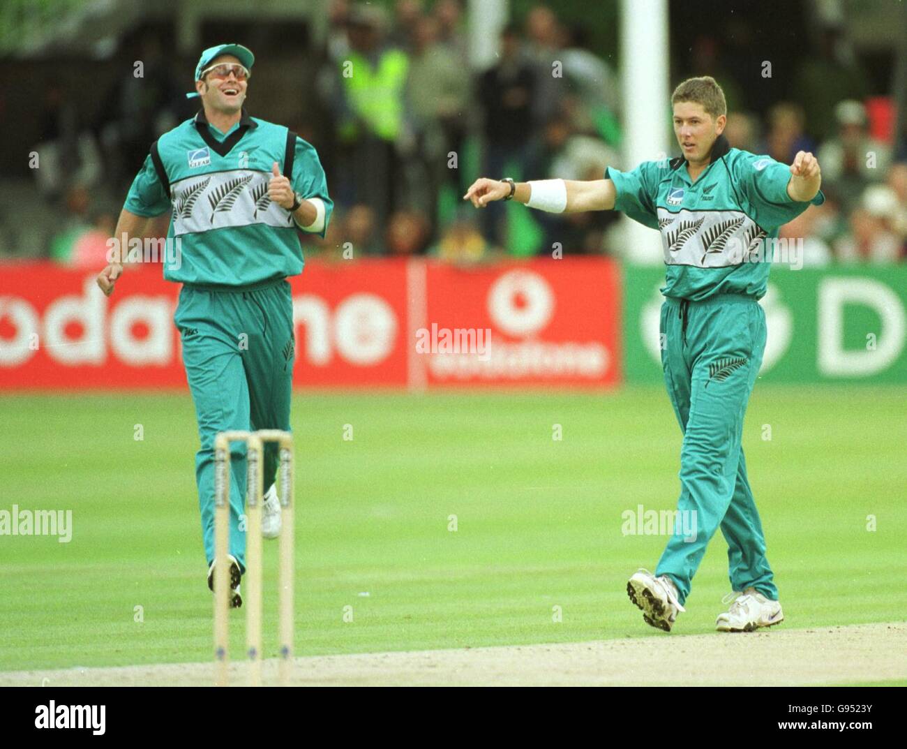 New zealands geoff allot celebrates the wicket of bangladeshs naimur hi ...