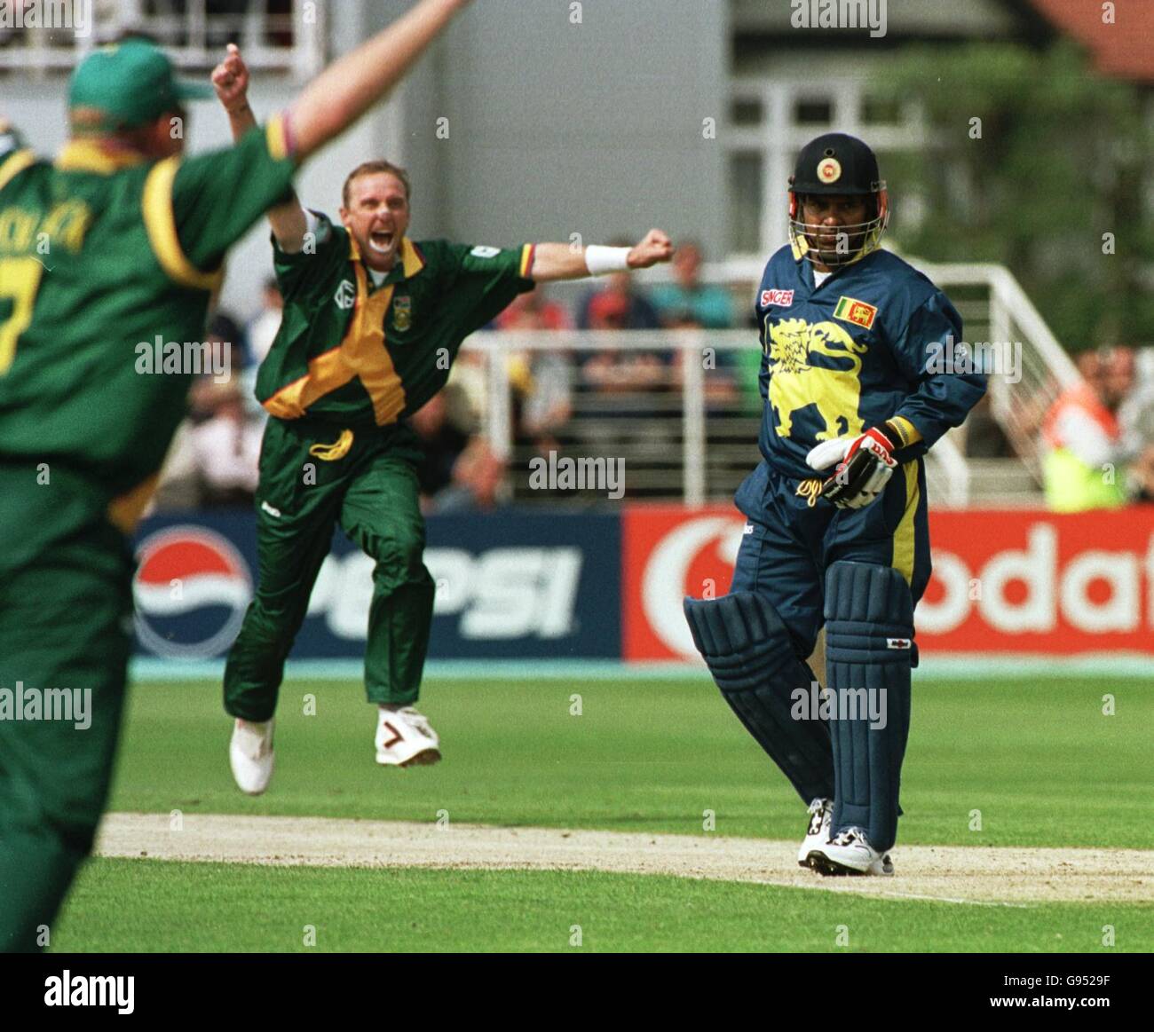 South Africa's Allan Donald celebrates taking the wicket of Sri Lanka's ...