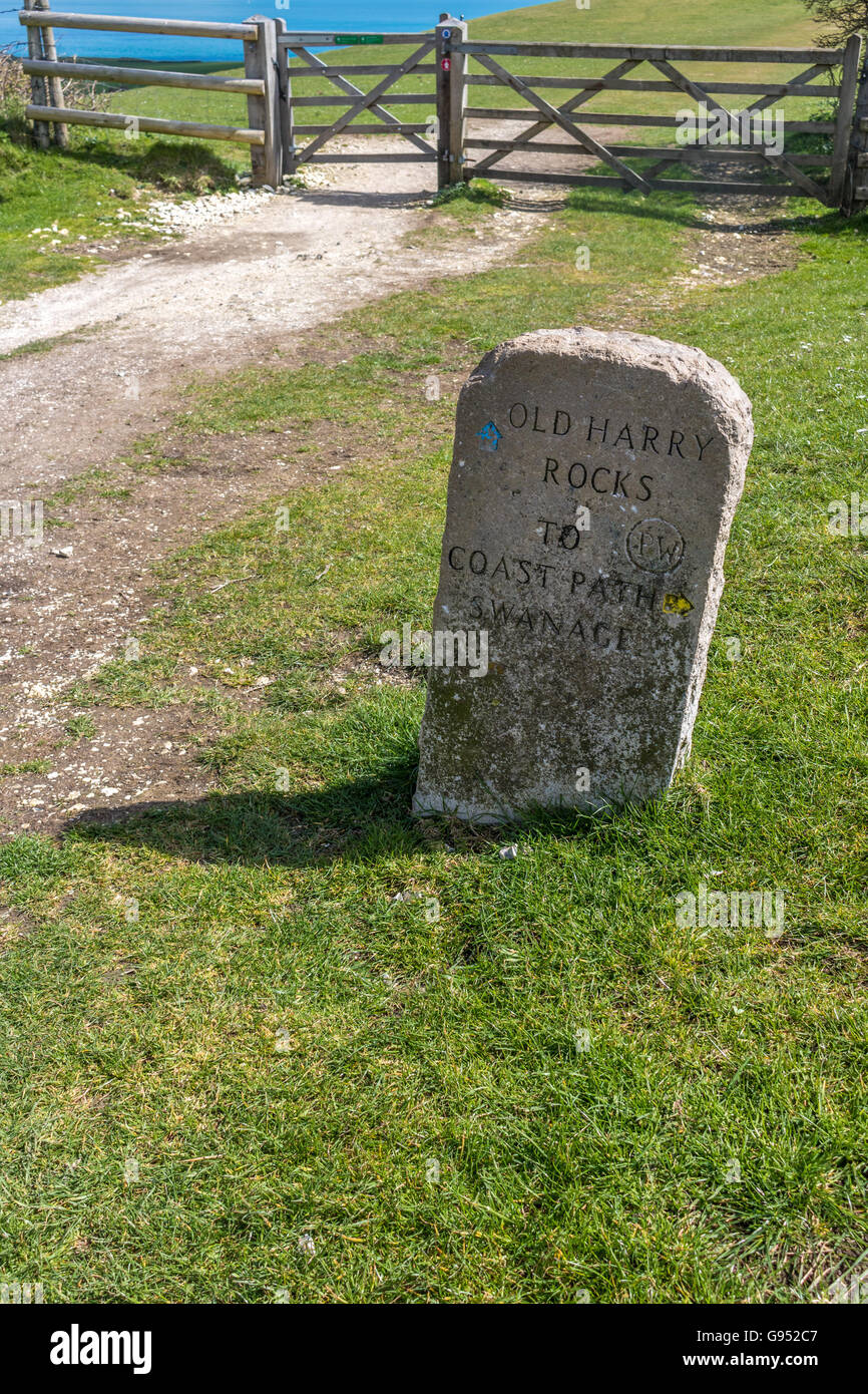 England Dorset Purbeck Stone signpost on a footpath to Old Harry Rocks ...