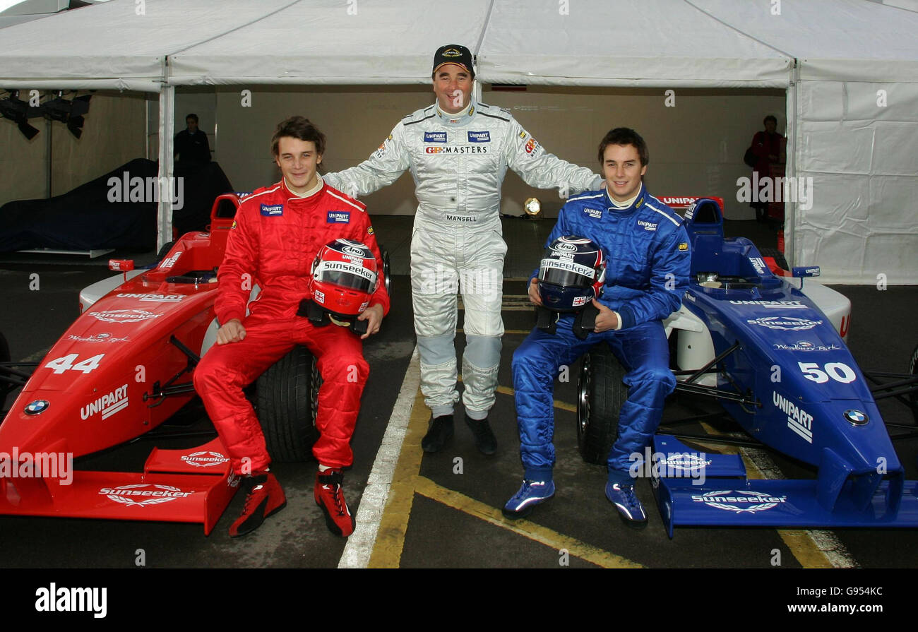 Nigel Mansell poses with his son's Leo (L) and Greg (R) during a ...