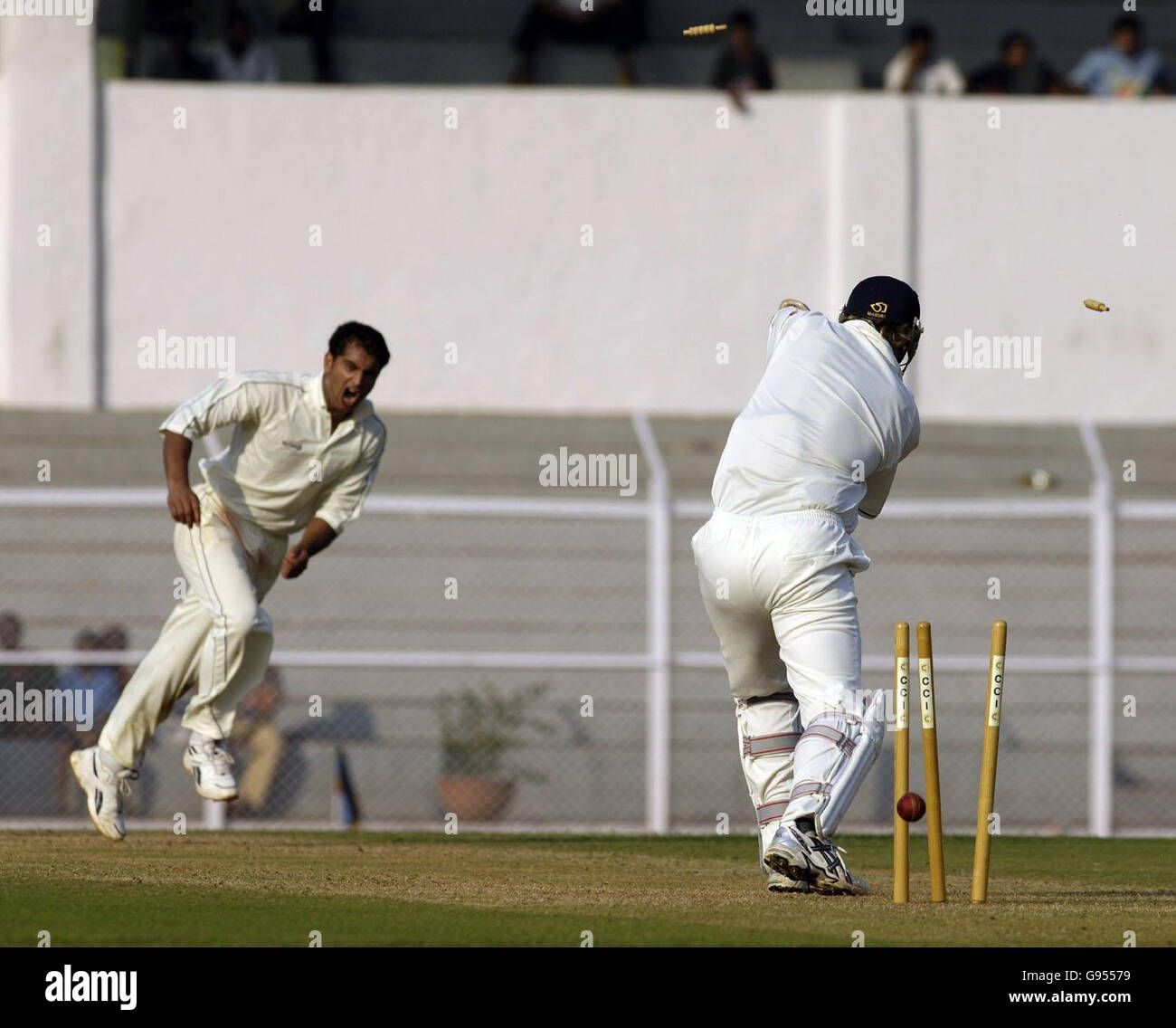 England's Matthew Hoggard is bowled by India's Abid Nabi for 3 runs during the first day match ...