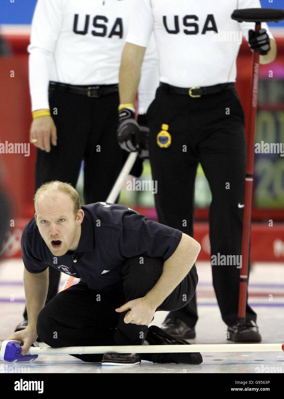 Great Britain's Ewan MacDonald reacts during the men's curling match ...