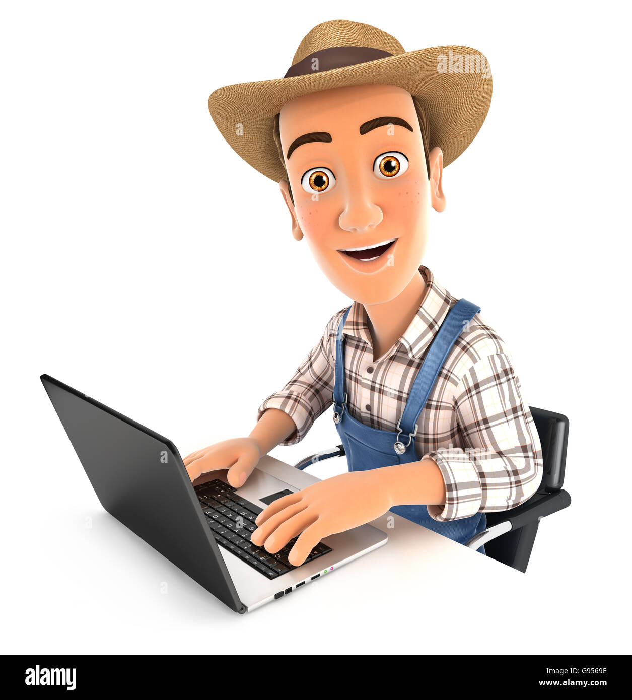 3d farmer working on laptop, illustration with isolated white ...