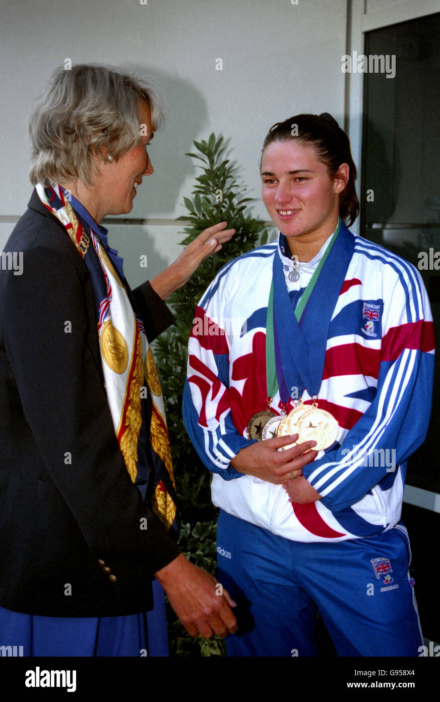 British swimmer Sarah Bailey is congratulated by Heritage Secretary ...