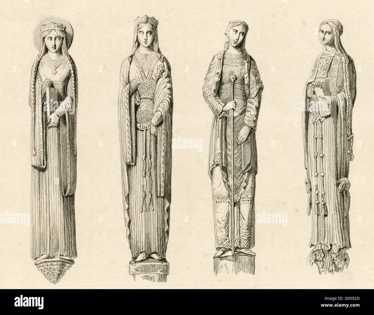 Antique engraving, circa 1880, of statues depicting 13th century ...
