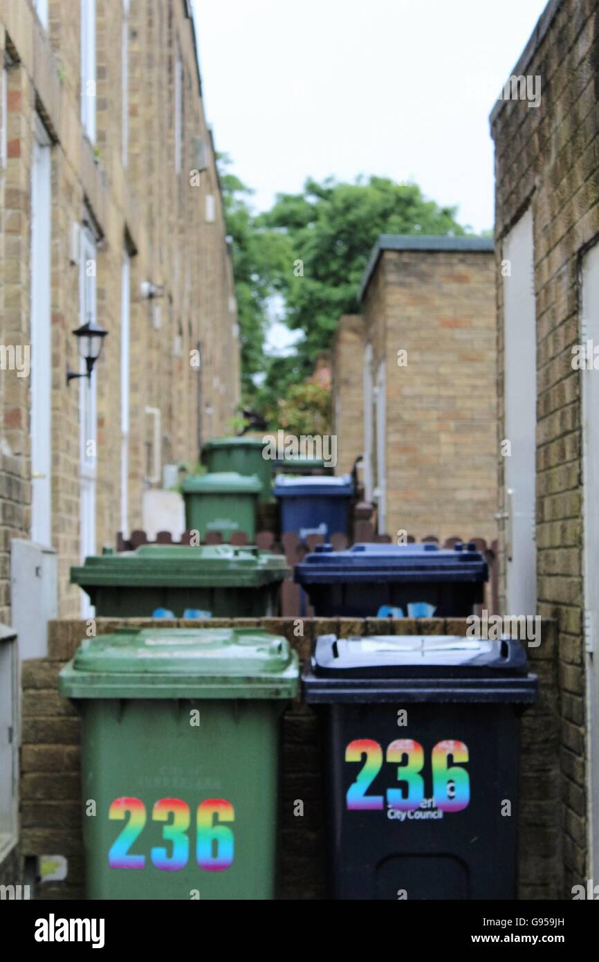 View of bins down the back-yards of a street in Sulgrave, Tyne and Wear ...