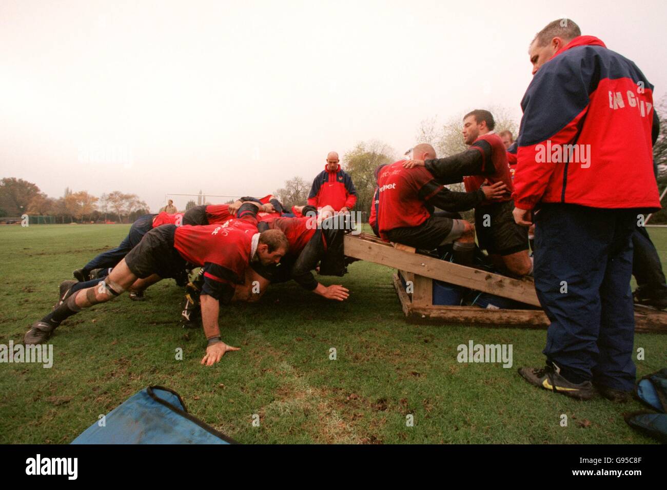 The England rugby squad train with the scrum machine before their match ...
