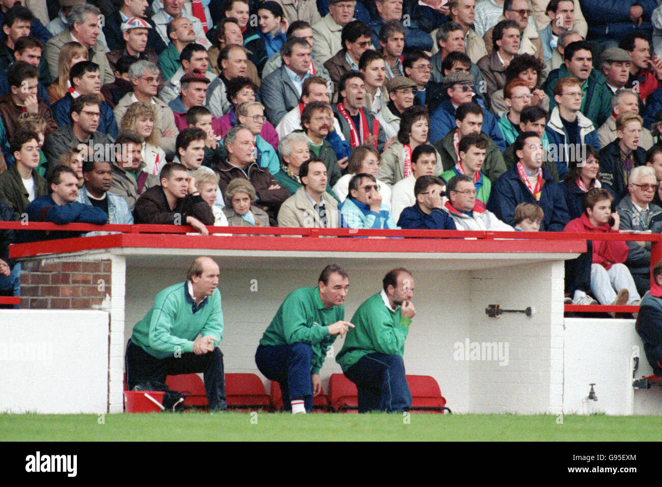 (L to R) Liam O'Kane, Brian Clough and Archie Gemmill watch the play ...