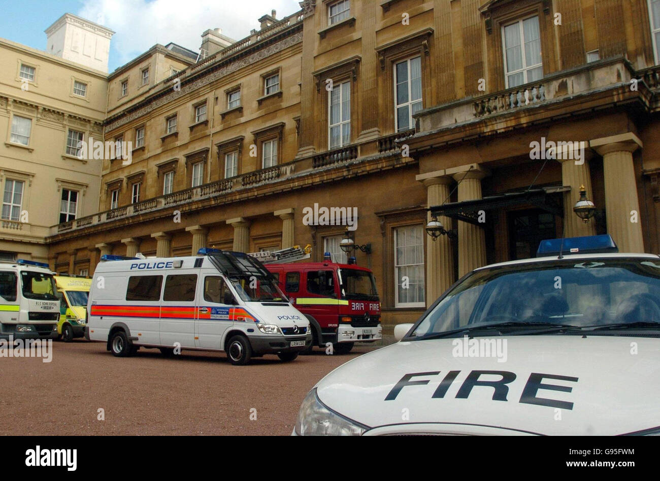 Emergency response vehicles gather in the quadrangle at Buckingham ...