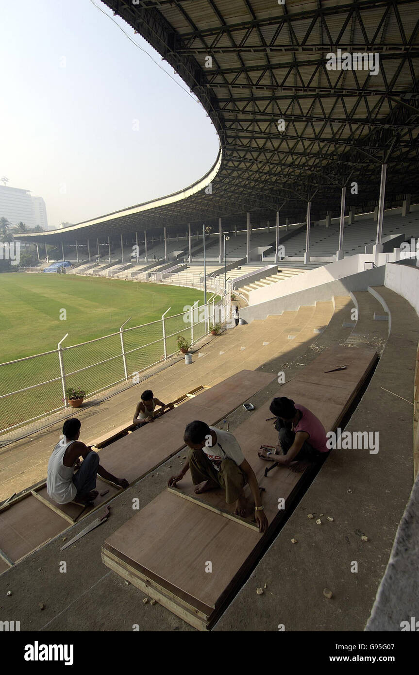 Carpenters work in the stands for England's three day practice match ...