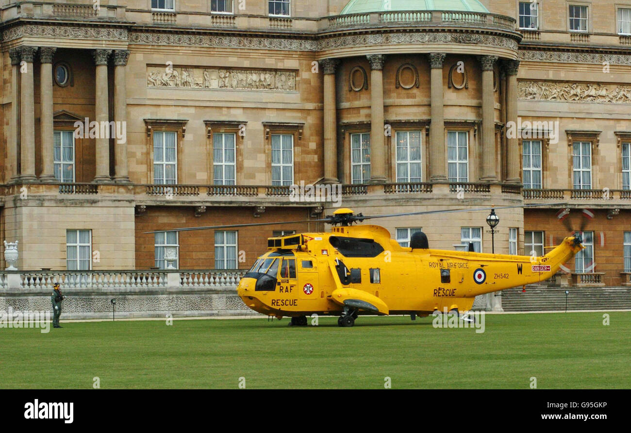 A Royal Air Force Sea King Mark 3a rescue helicopter lands on the lawns ...