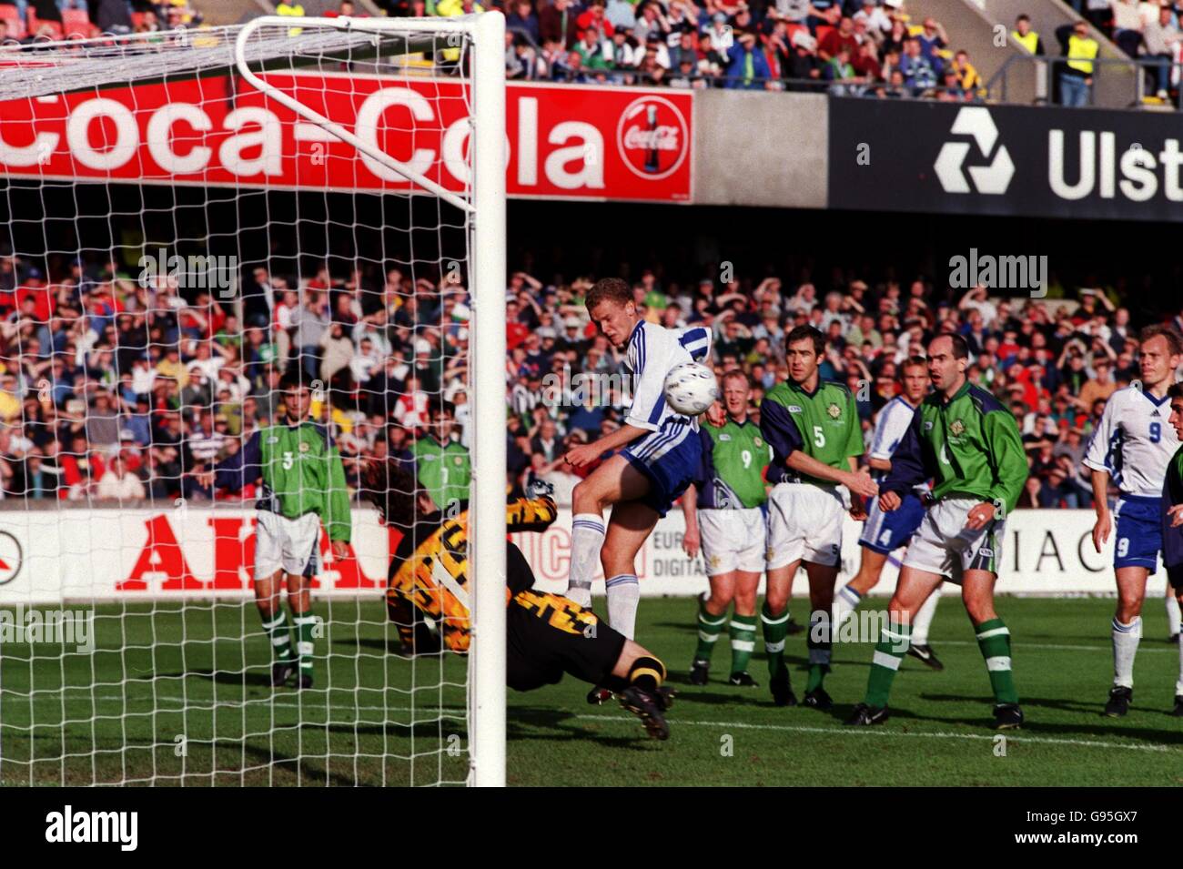 Northern Ireland's Alan Fettis (left) makes a point blank save from ...