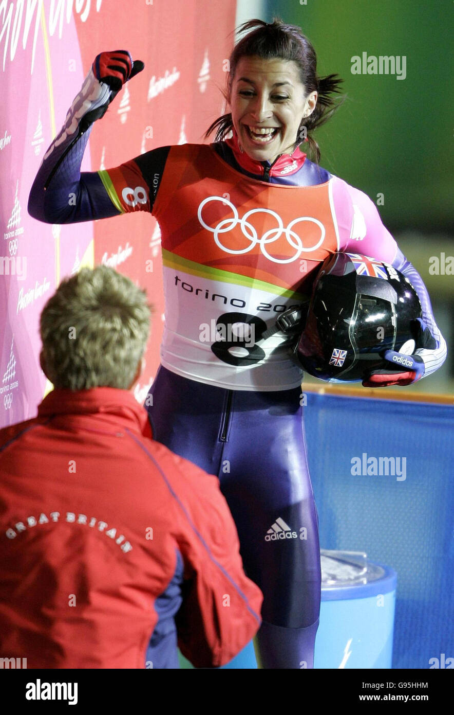 Great Britain's Shelley Rudman celebrates with coach Simon Timson after ...