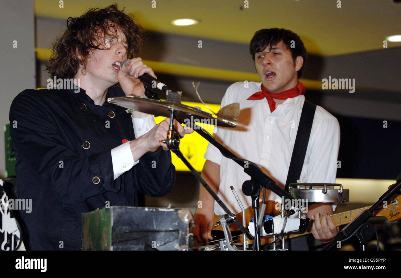 The Mystery Jets perform on stage during an instore gig at HMV on ...