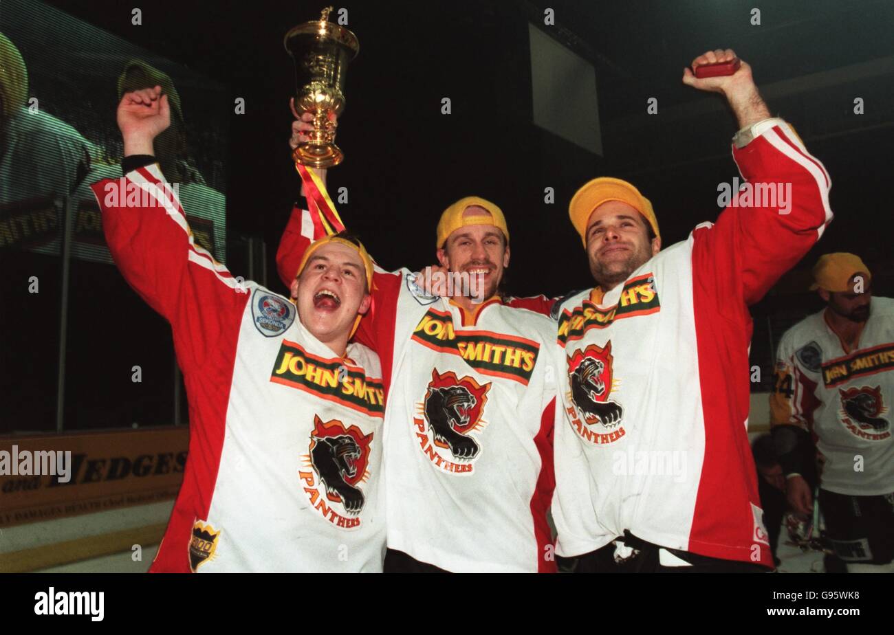 A trio of Nottingham Panthers celebrate winning the Benson and Hedges ...