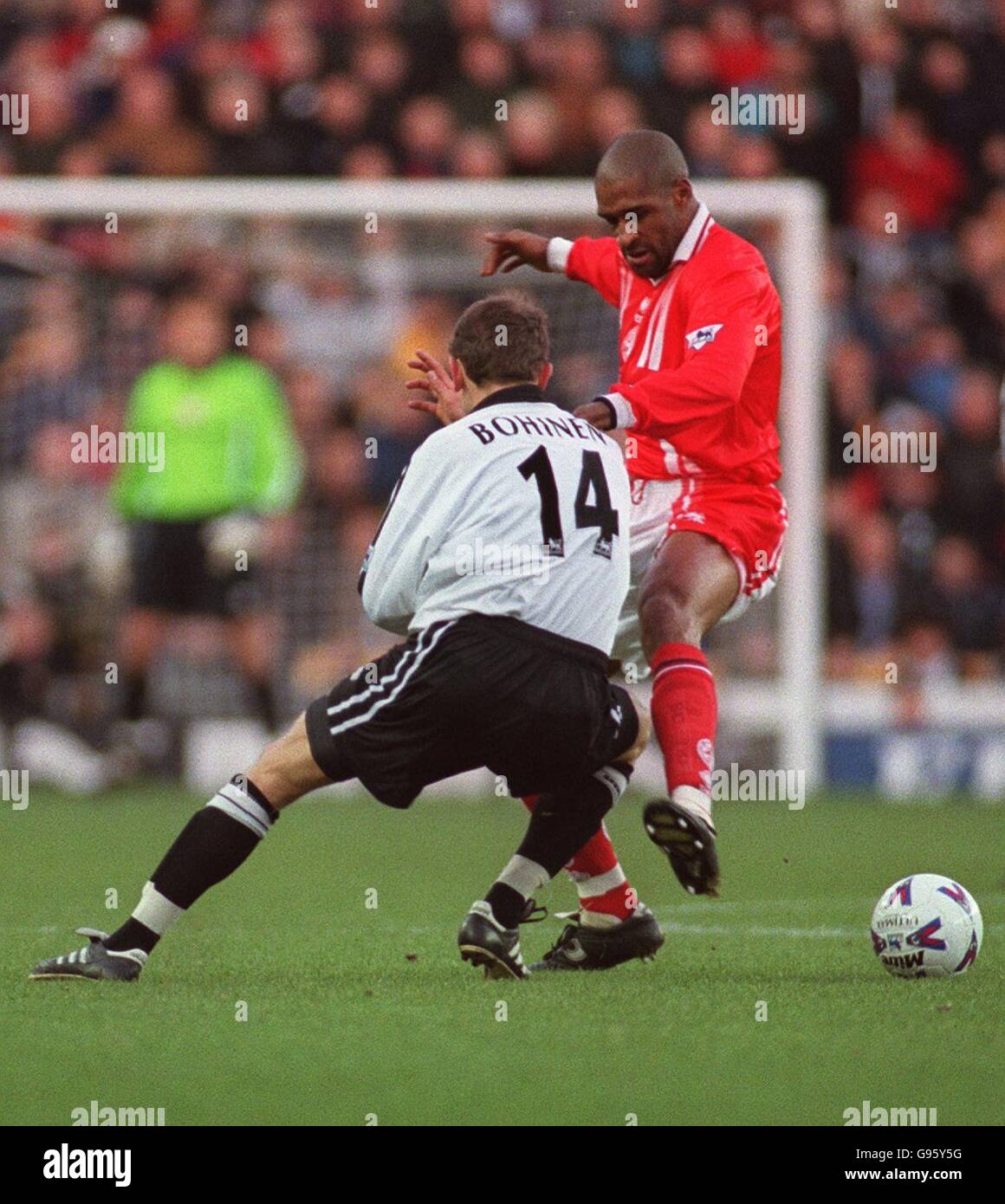 Middlesbroughs brian deane clashes with lars bohinen of derby county hi ...