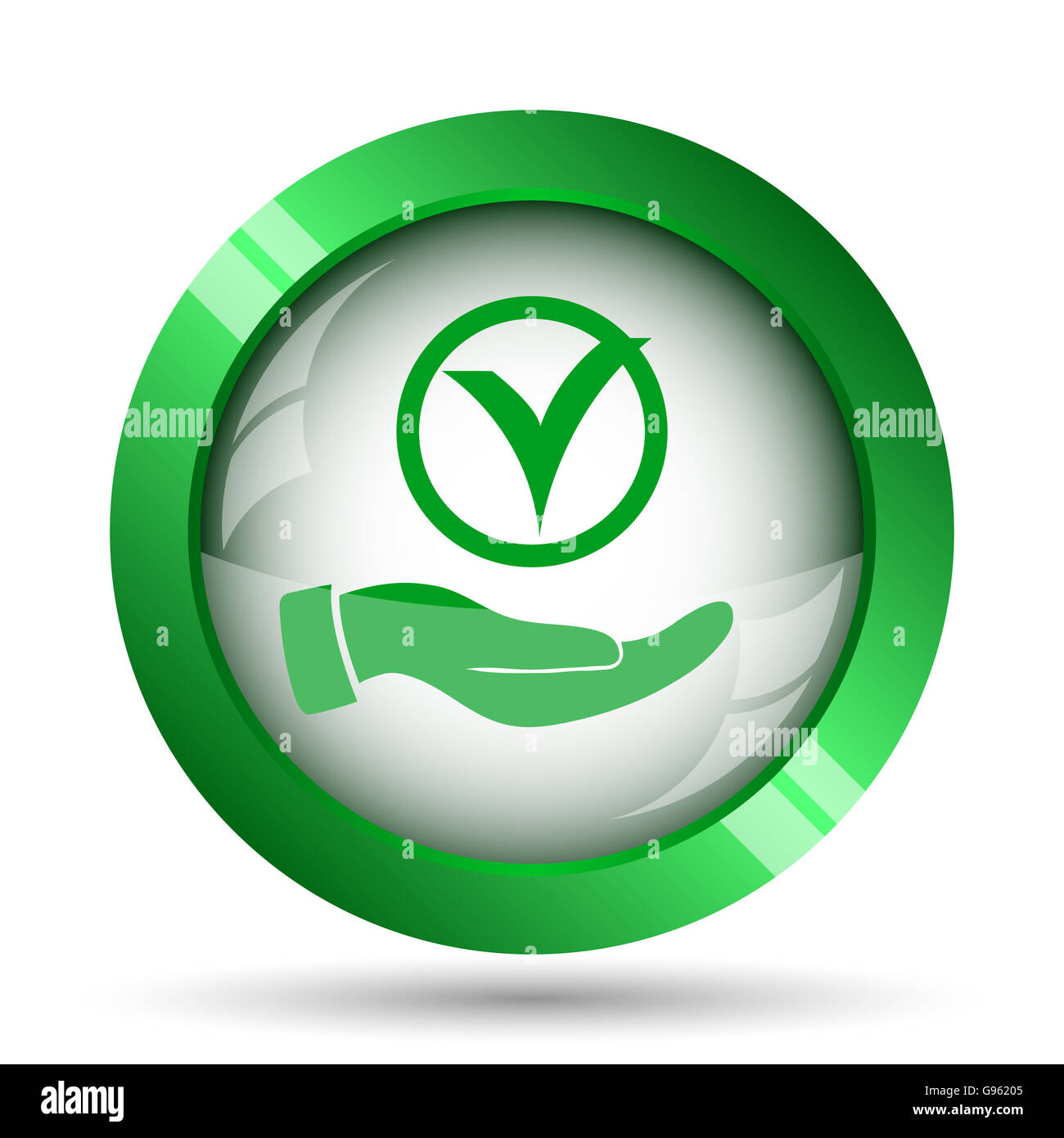 Tick with hand icon. Internet button on white background Stock Photo ...