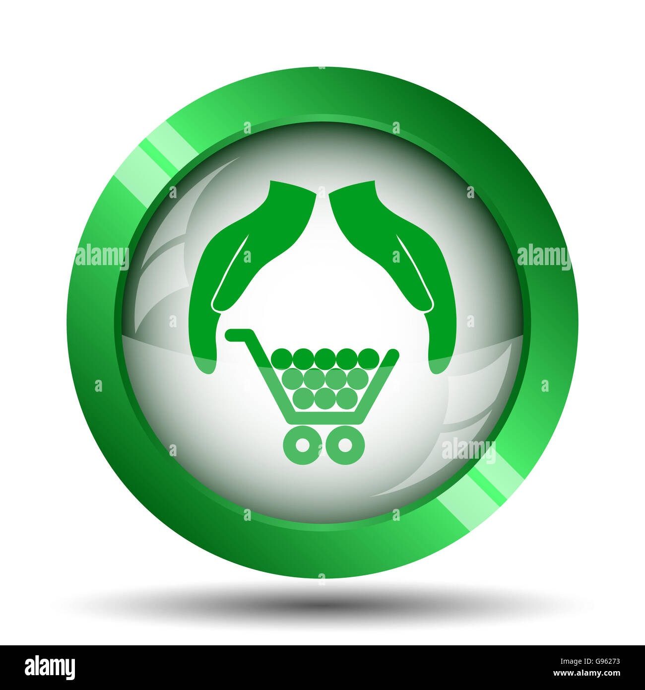 Consumer protection, protecting hands icon. Internet button on white ...